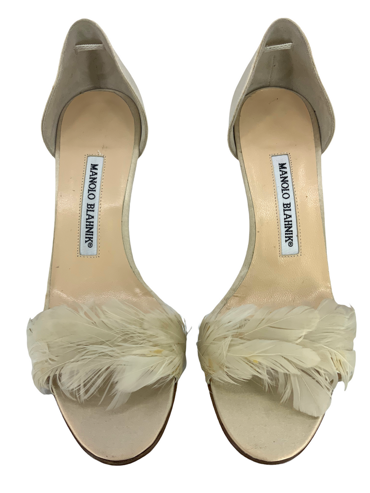 Manolo Blahnik Catalina 90 Satin Feather Sandals Size 5.5 Manolo Blahnik Catalina 90 Satin Feather Sandals Size 5.5